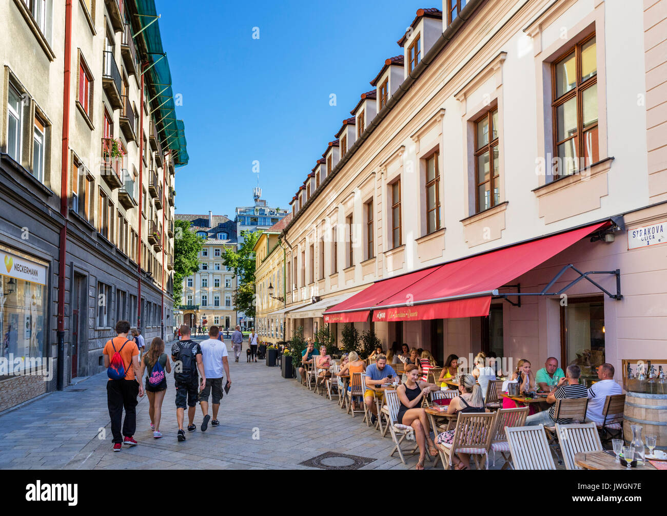 Bars and cafes on Strakova Street in the historic city centre ...