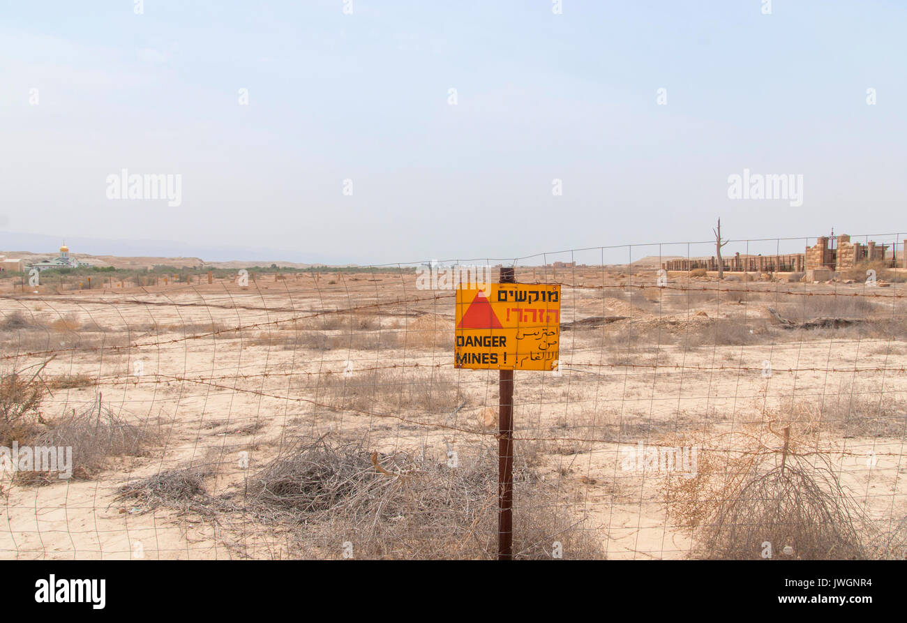 Minefield sign in Hebrew, Arabic, English in Jordan valley, Israel ...