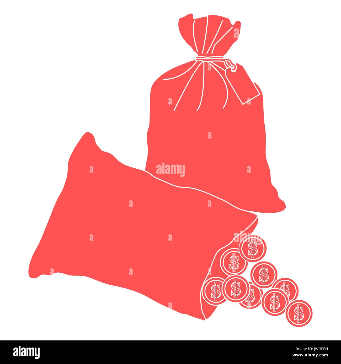 Stylized icon of a knotted bag with money and open bag with pours coins ...