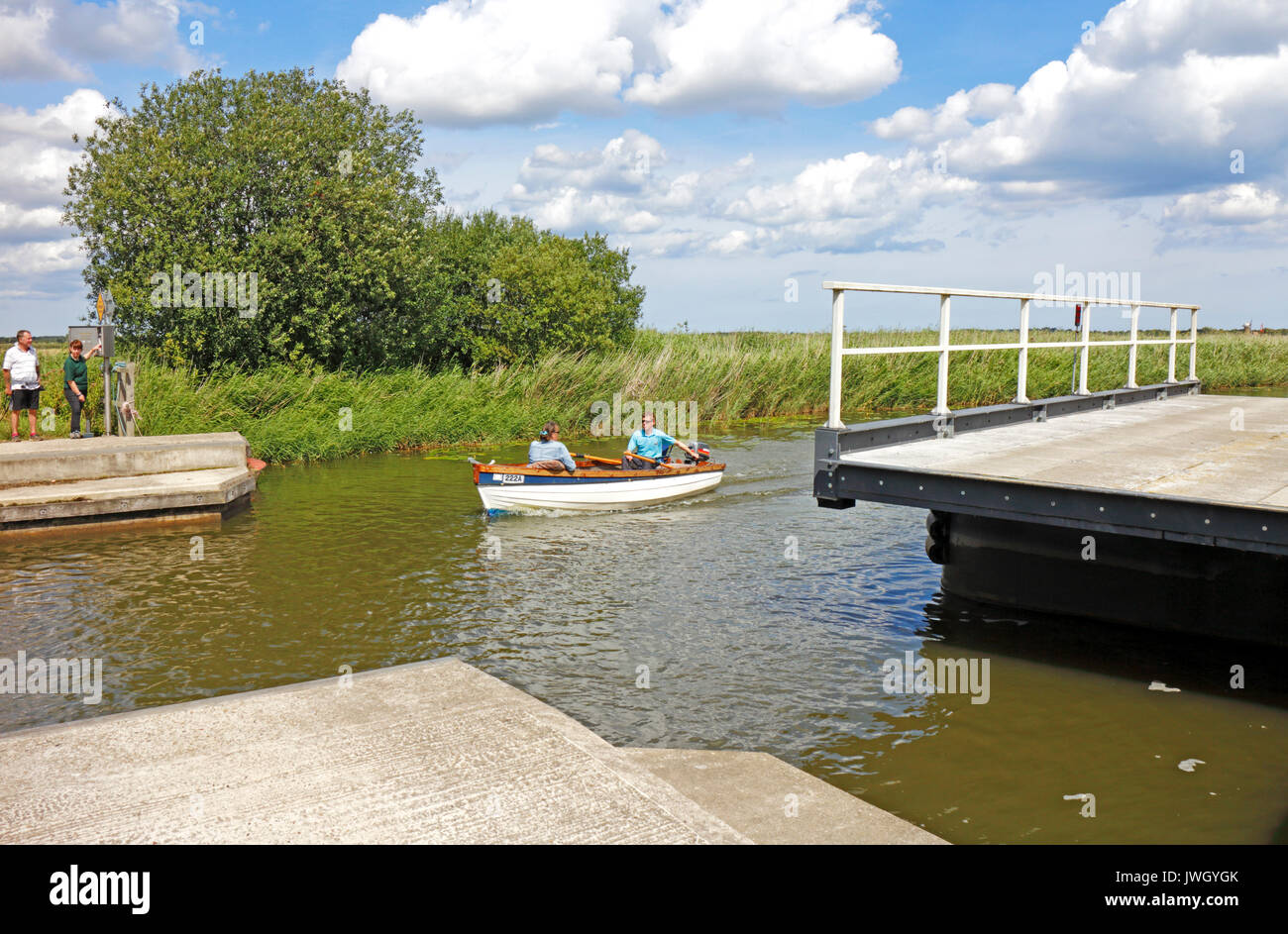 A view of the floating swing bridge on the River Thurne opening to ...