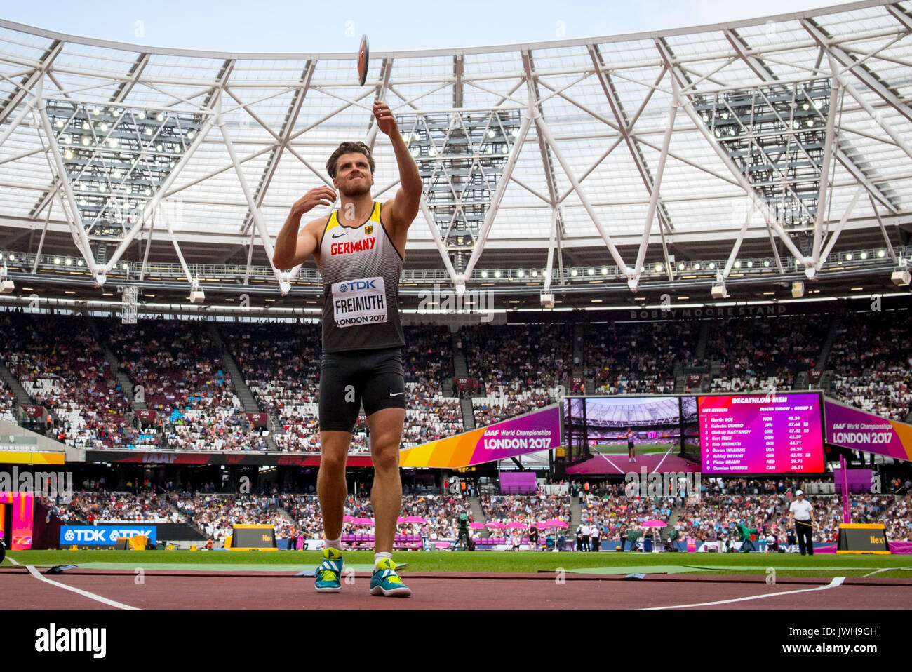 London, UK. 12th Aug, 2017. German athlete Rico Freimuth in action ...