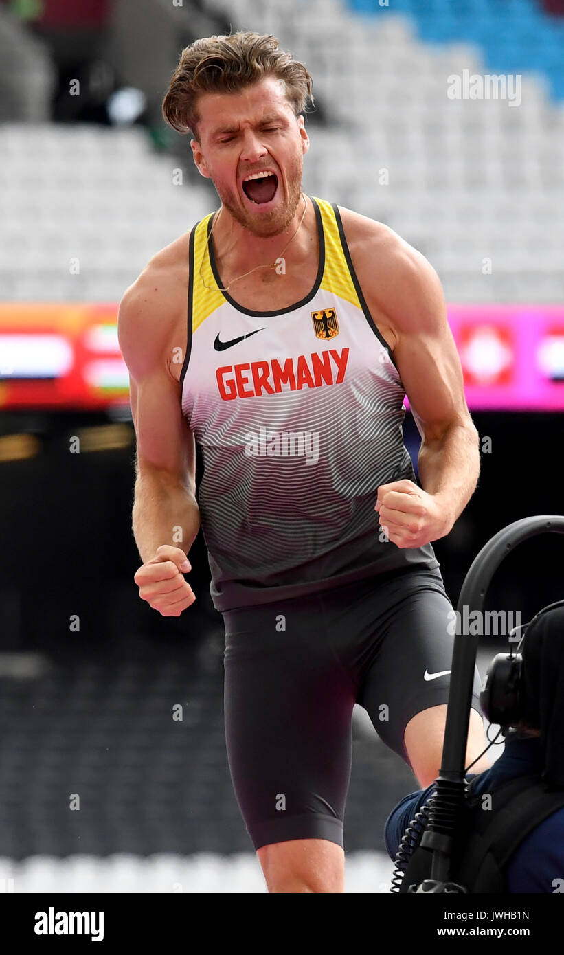 London, UK. 12th Aug, 2017. German athlete Rico Freimuth celebrates ...