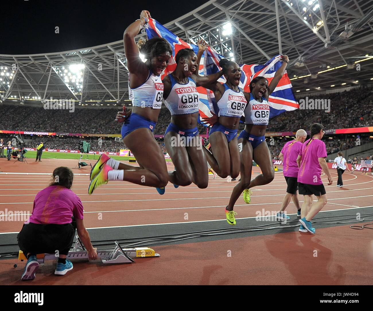 London, UK. 12th Aug, 2017. The girls of the 4 x 100m GBR relay team ...