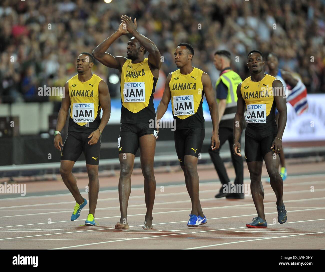 London, UK. 12th Aug, 2017. Usain Bolt (JAM) and the his team salute ...