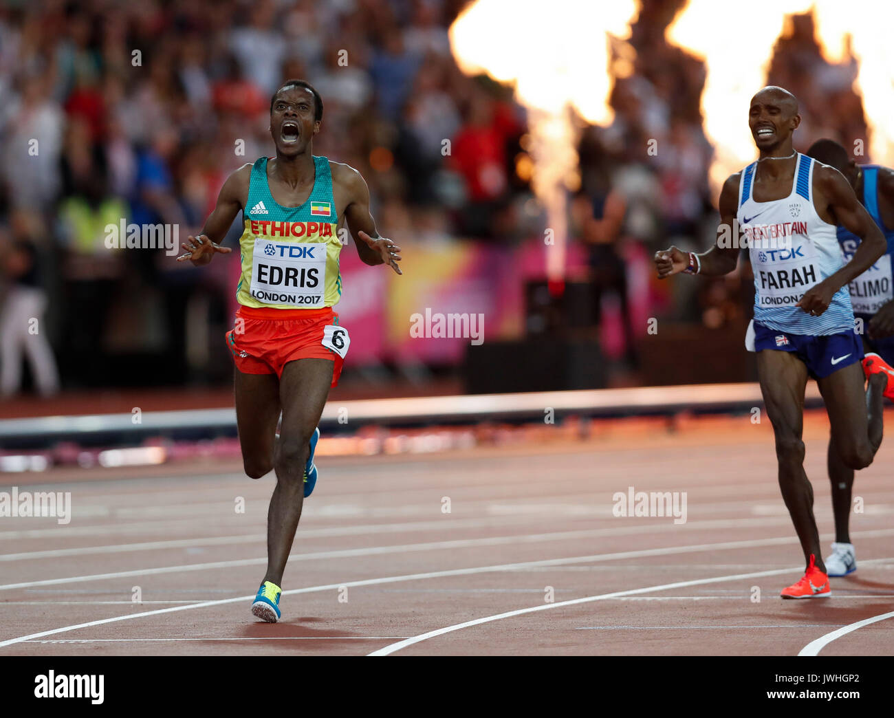 London, Britain. 12th Aug, 2017. Muktar Edris (L) of Ethiopia crosses ...