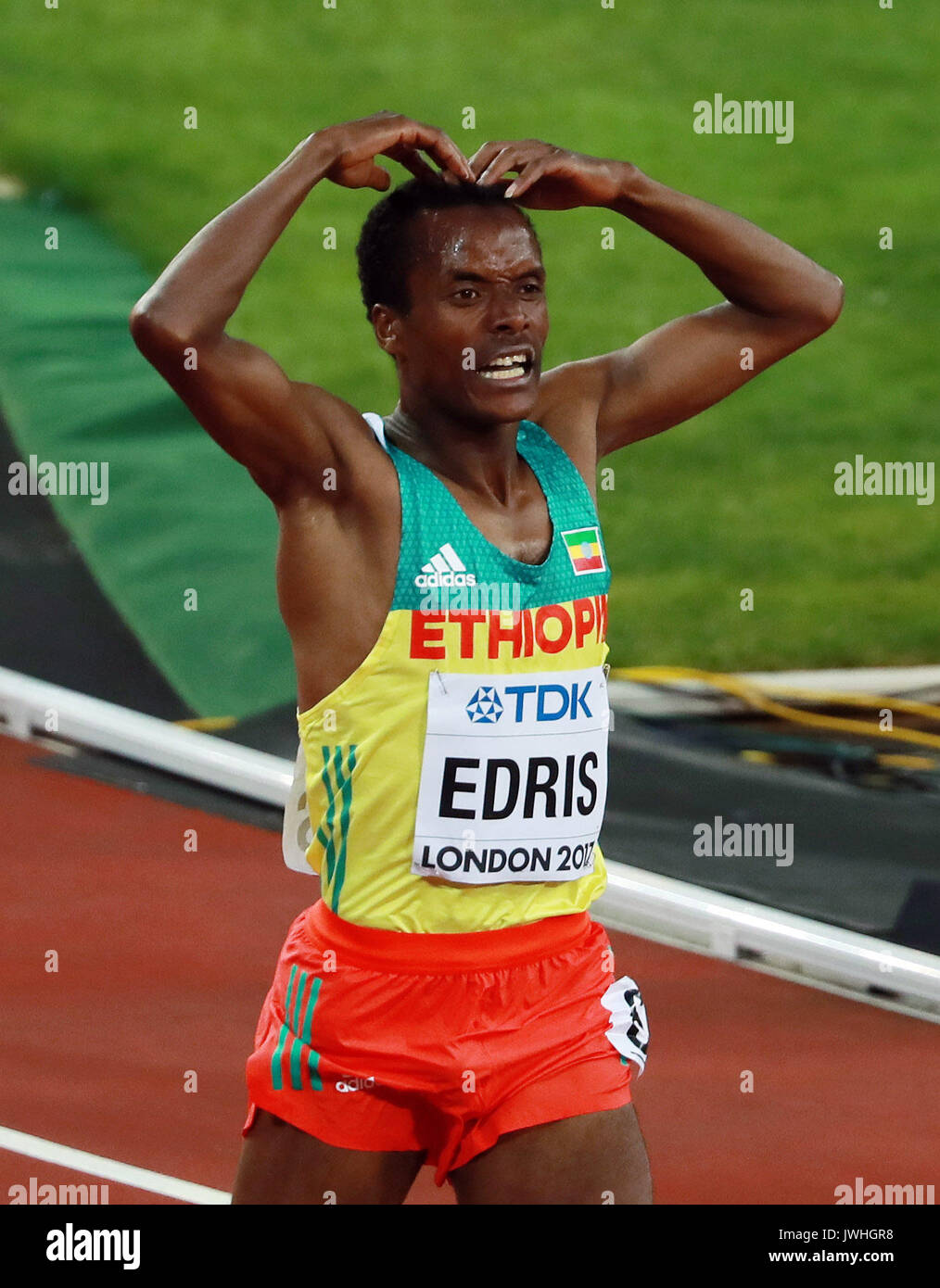 London, Britain. 12th Aug, 2017. Muktar Edris of Ethiopia celebrates ...