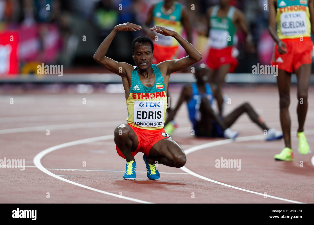 London, Britain. 12th Aug, 2017. Muktar Edris of Ethiopia celebrates ...