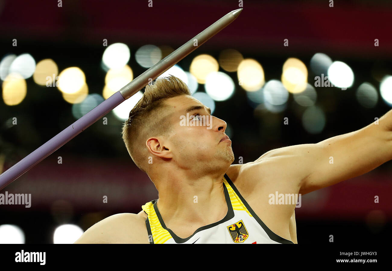 London, Britain. 12th Aug, 2017. Johannes Vetter of Germany competes ...
