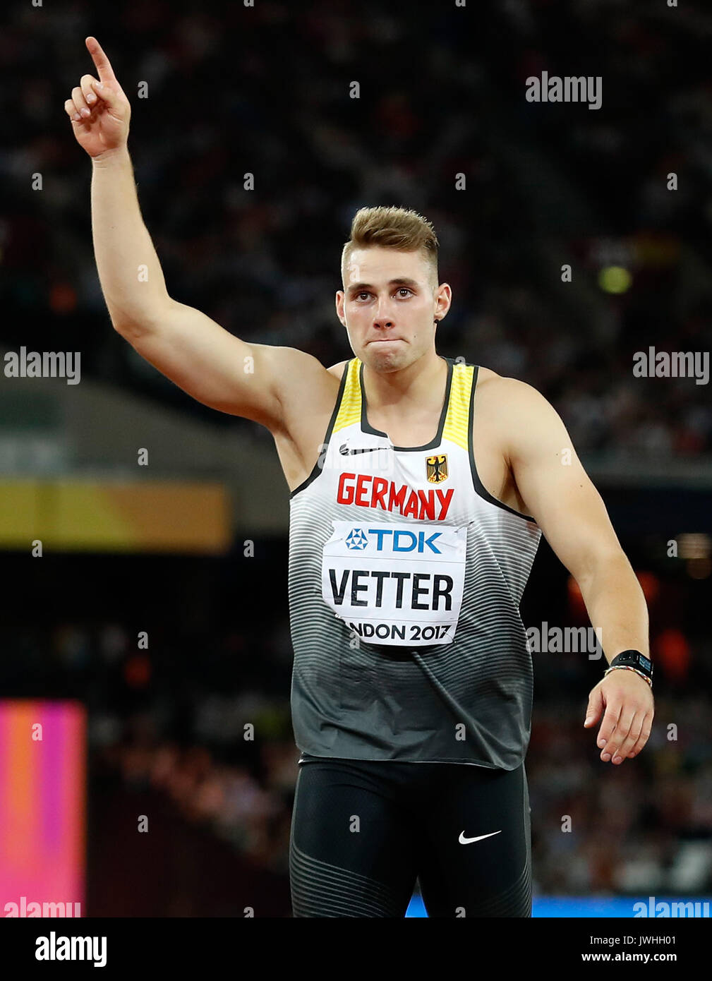 London, Britain. 12th Aug, 2017. Johannes Vetter of Germany celebrates ...