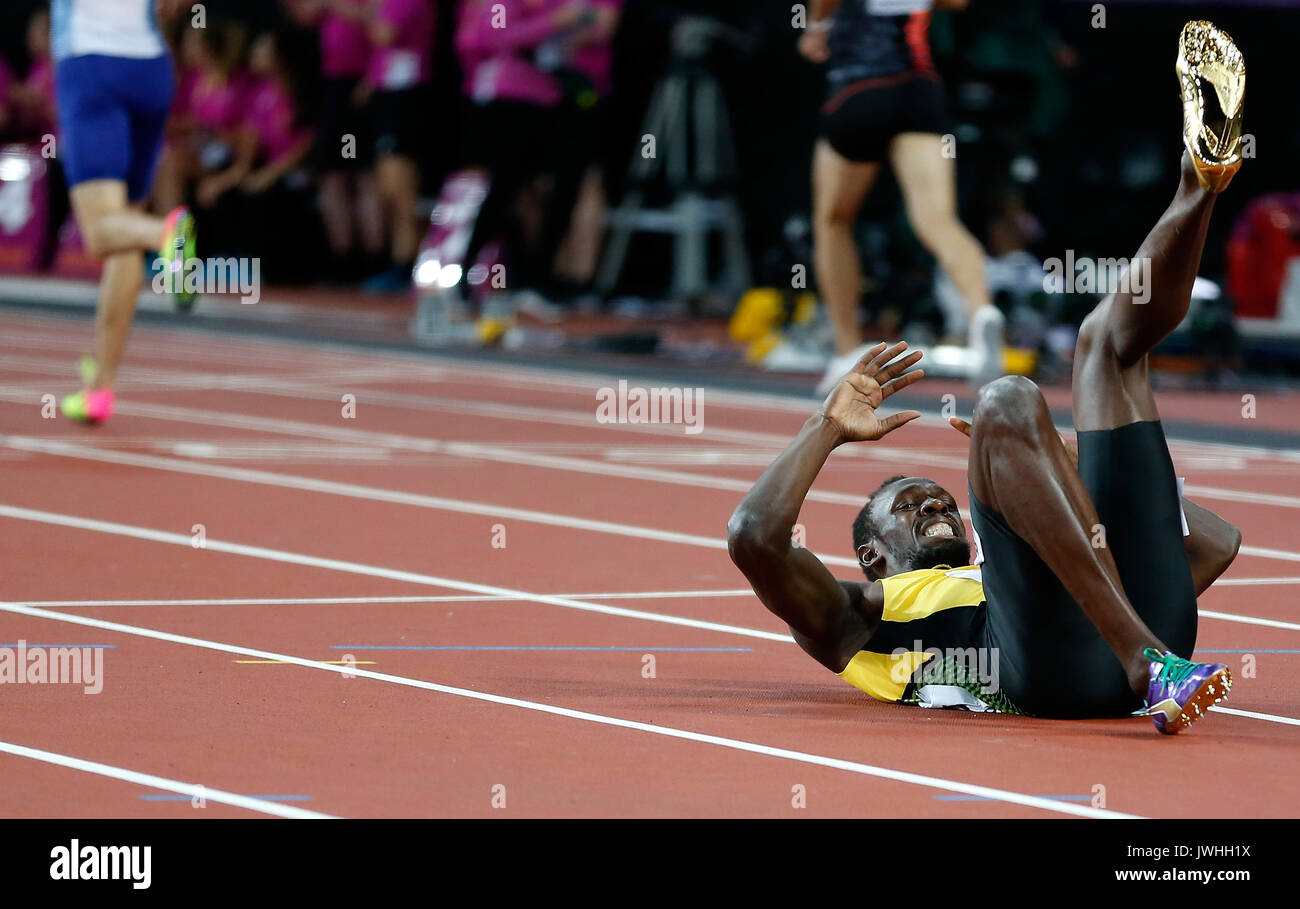 London, Britain. 12th Aug, 2017. Usain Bolt of Jamaica falls down as he ...