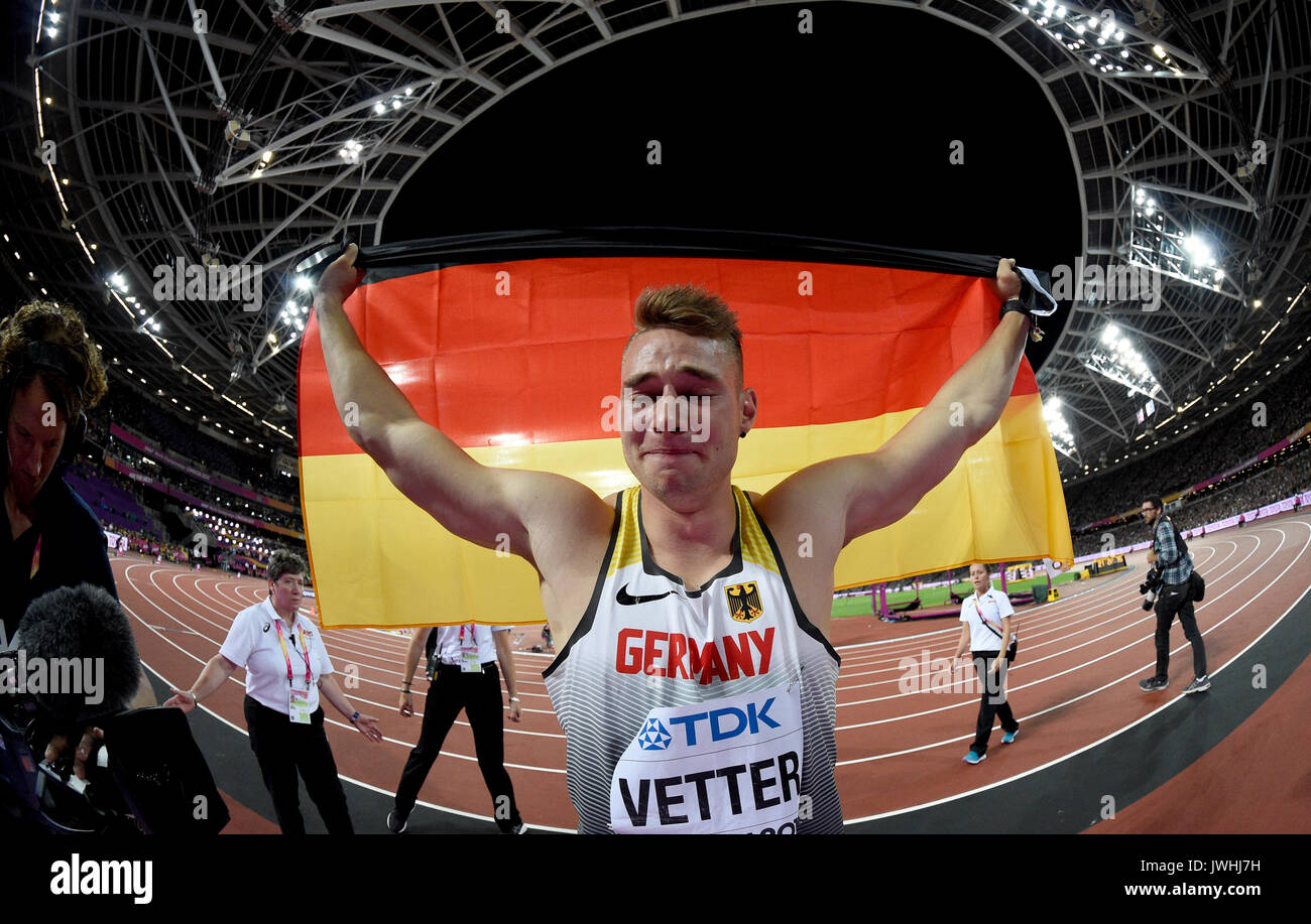 London, UK. 12th Aug, 2017. German athlete Johannes Vetter celebrates ...