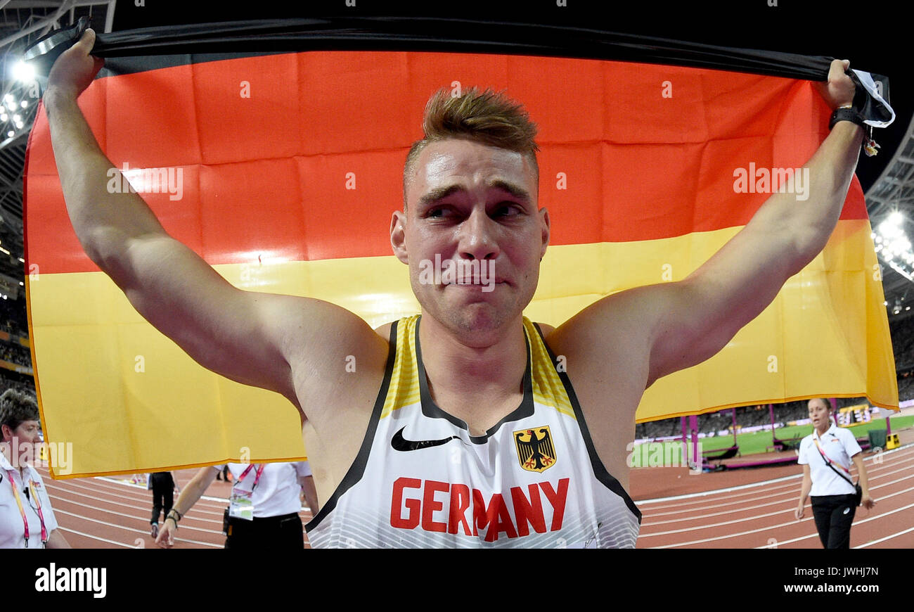 London, UK. 12th Aug, 2017. German athlete Johannes Vetter celebrates ...