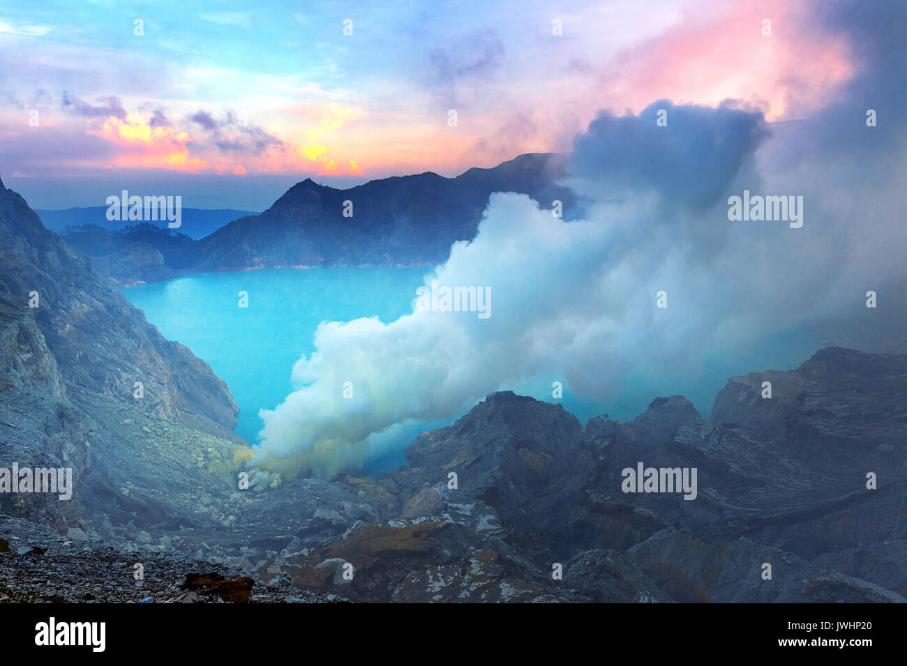 Sulfur fumes from the crater of Kawah Ijen Volcano in Indonesia Stock ...