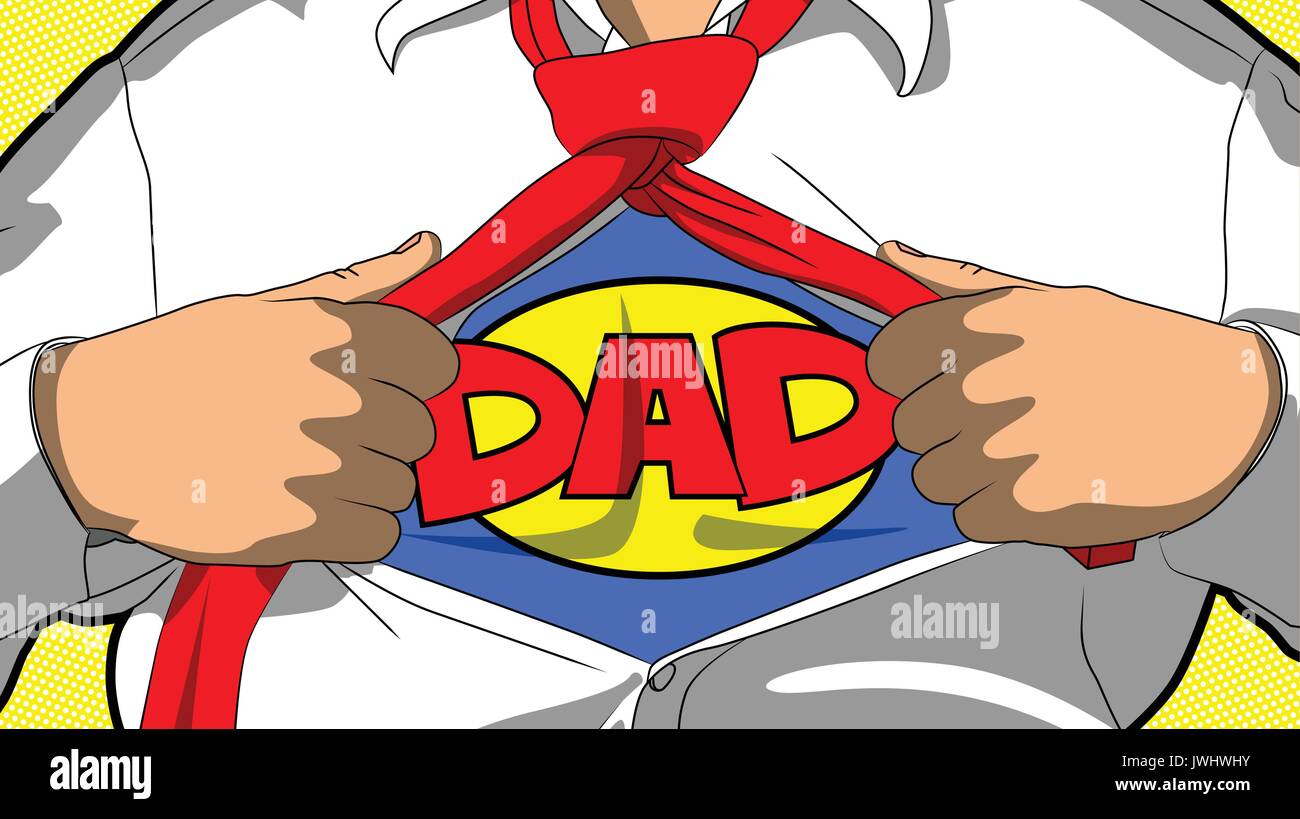 Man in superhero suit opening shirt to show DAD word on his chest ...