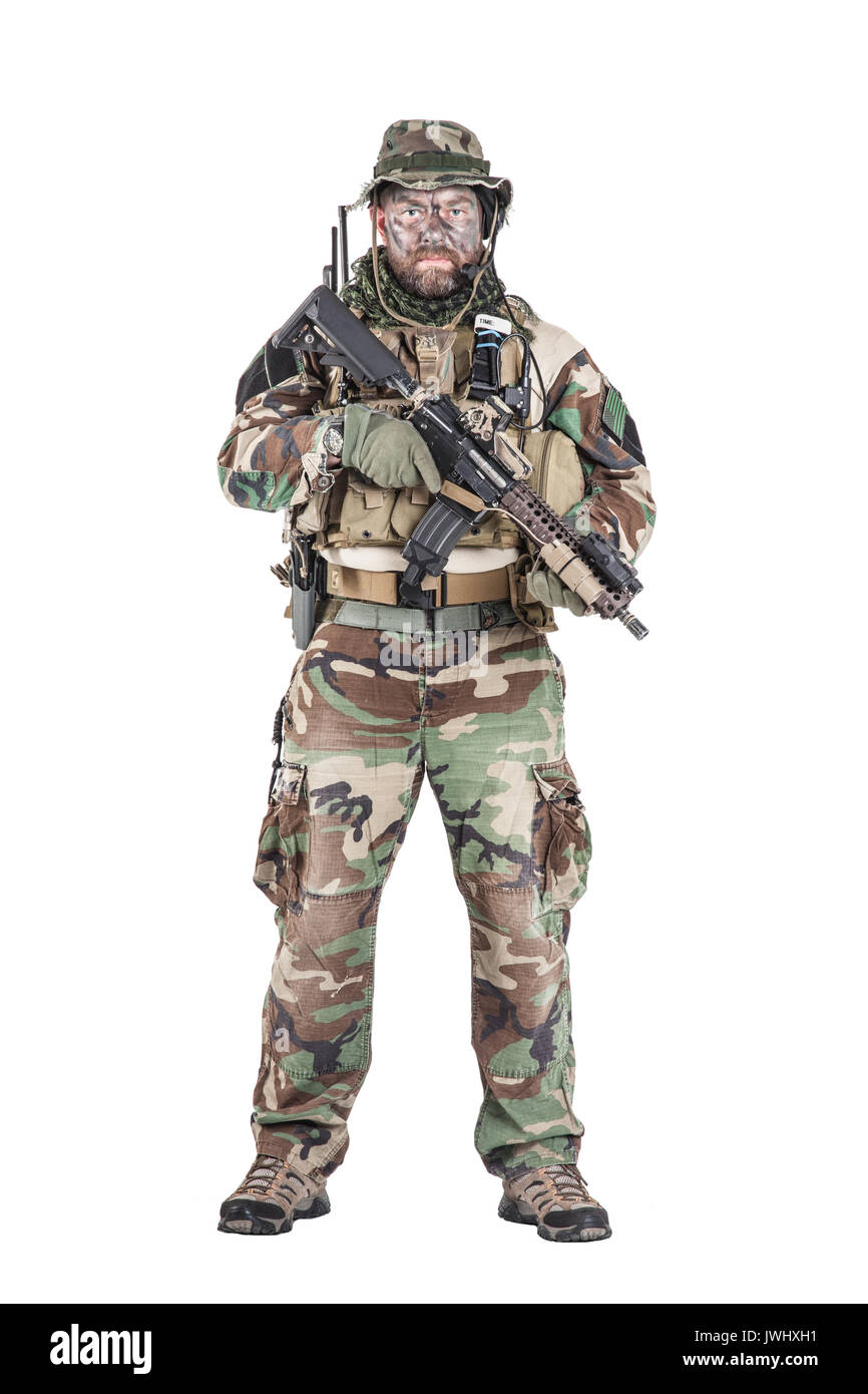Special forces United States in Camouflage Uniforms studio shot ...