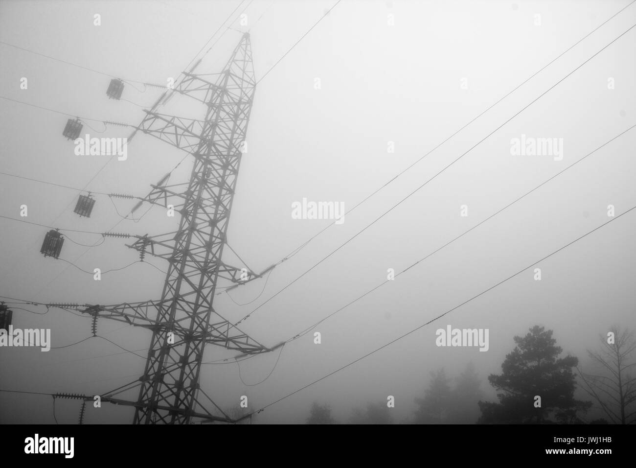 scenery with power line in thick fog morning Stock Photo - Alamy