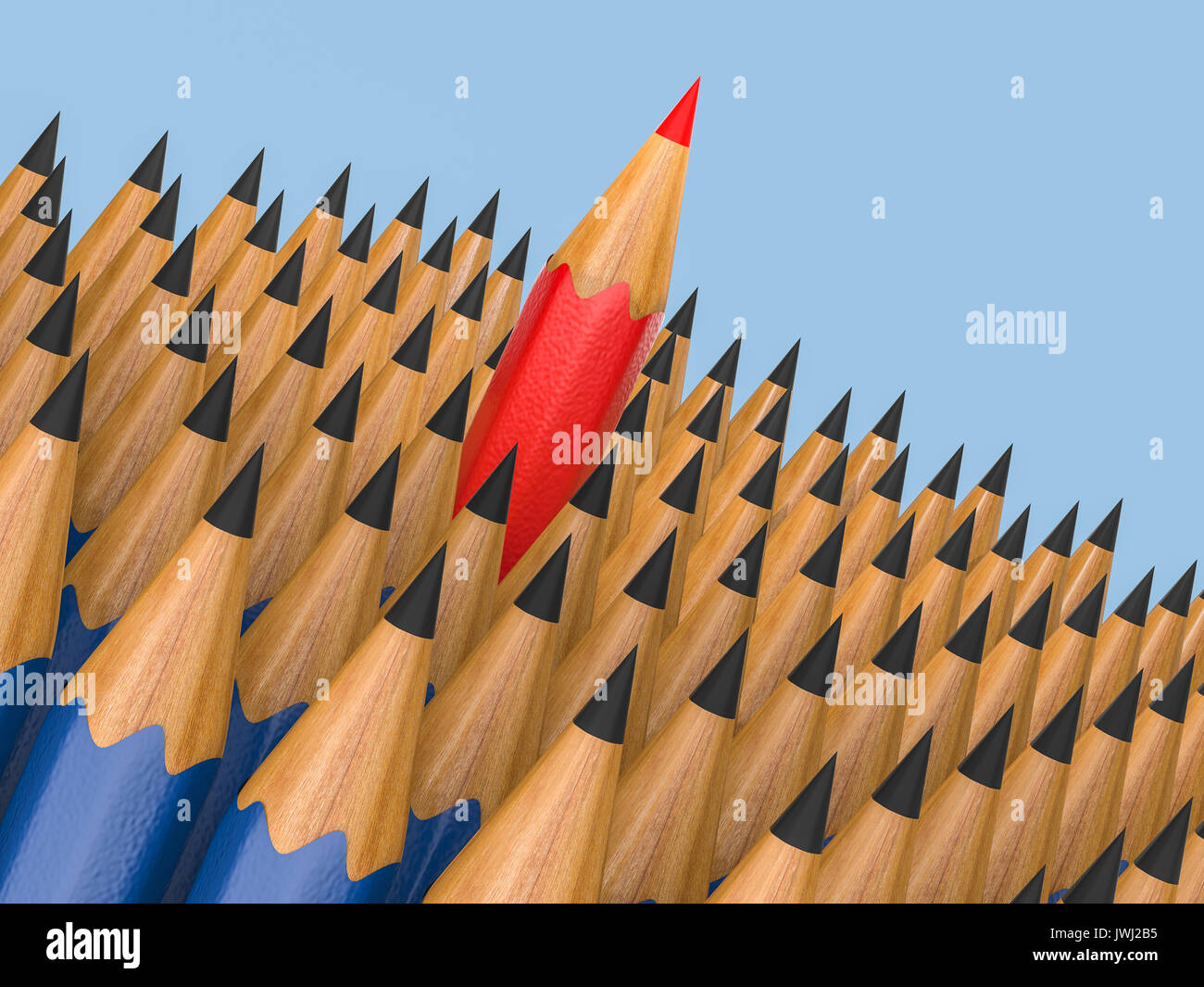Red pencil among black pencils hi-res stock photography and images - Alamy