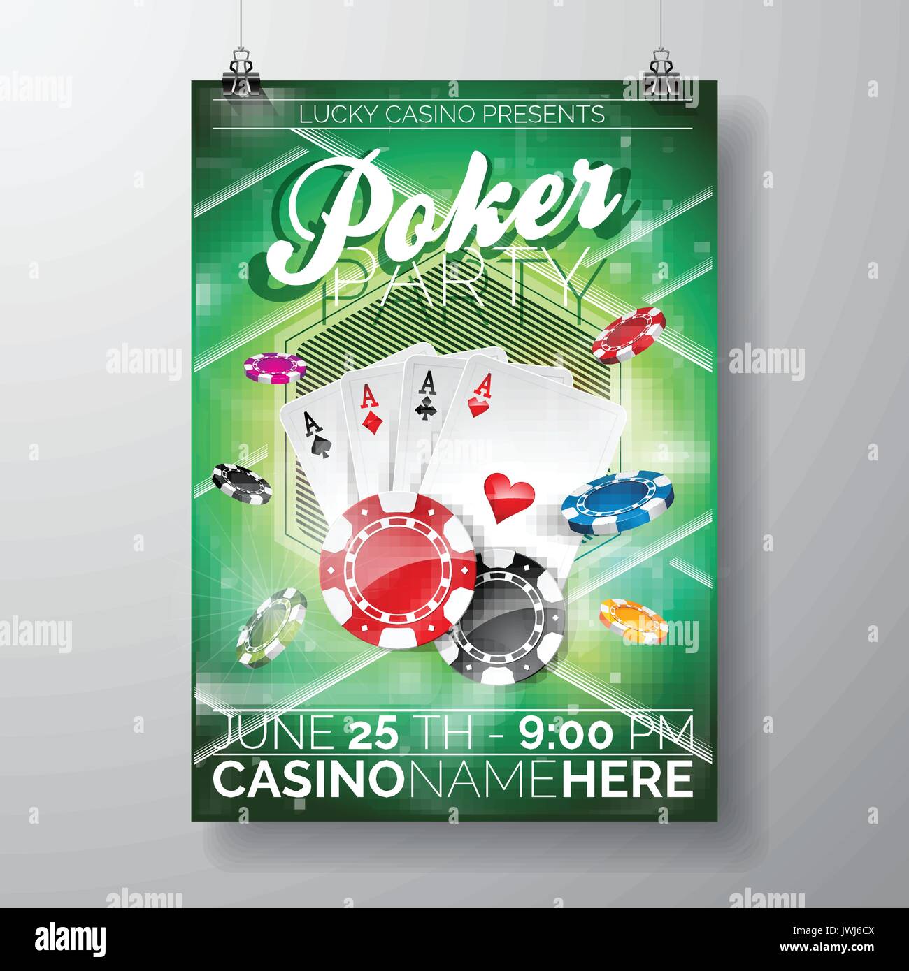 Vector Party Flyer design on a Casino theme with chips and game cards ...
