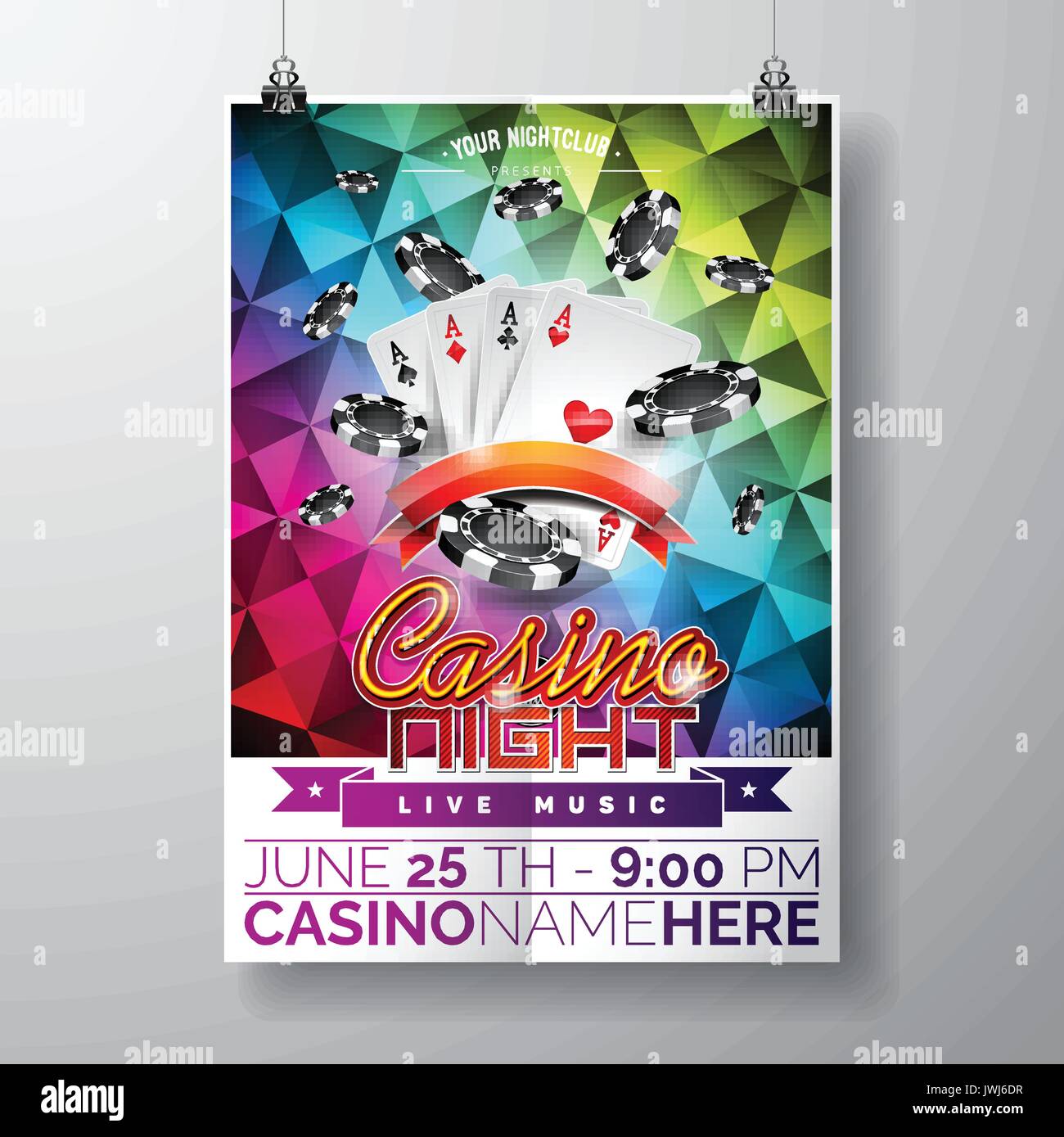 Vector Party Flyer design on a Casino theme with chips and game cards ...