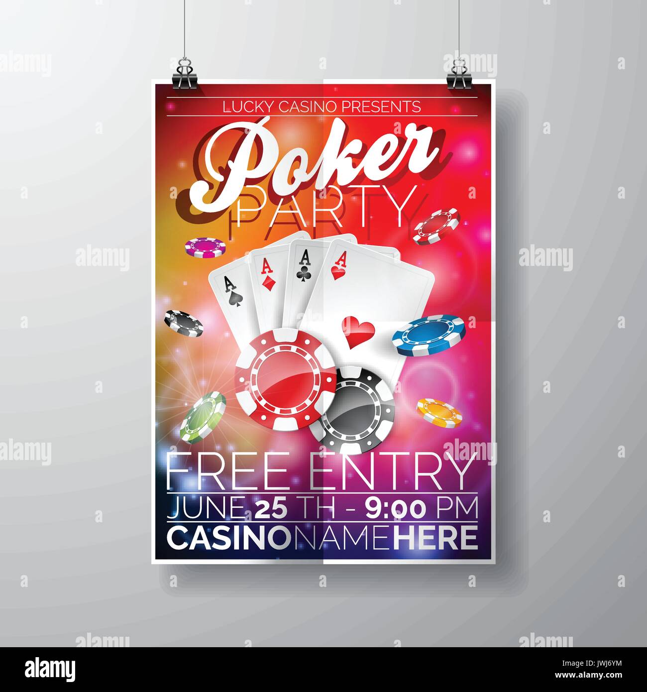Vector Party Flyer design on a Casino theme with chips and game cards ...