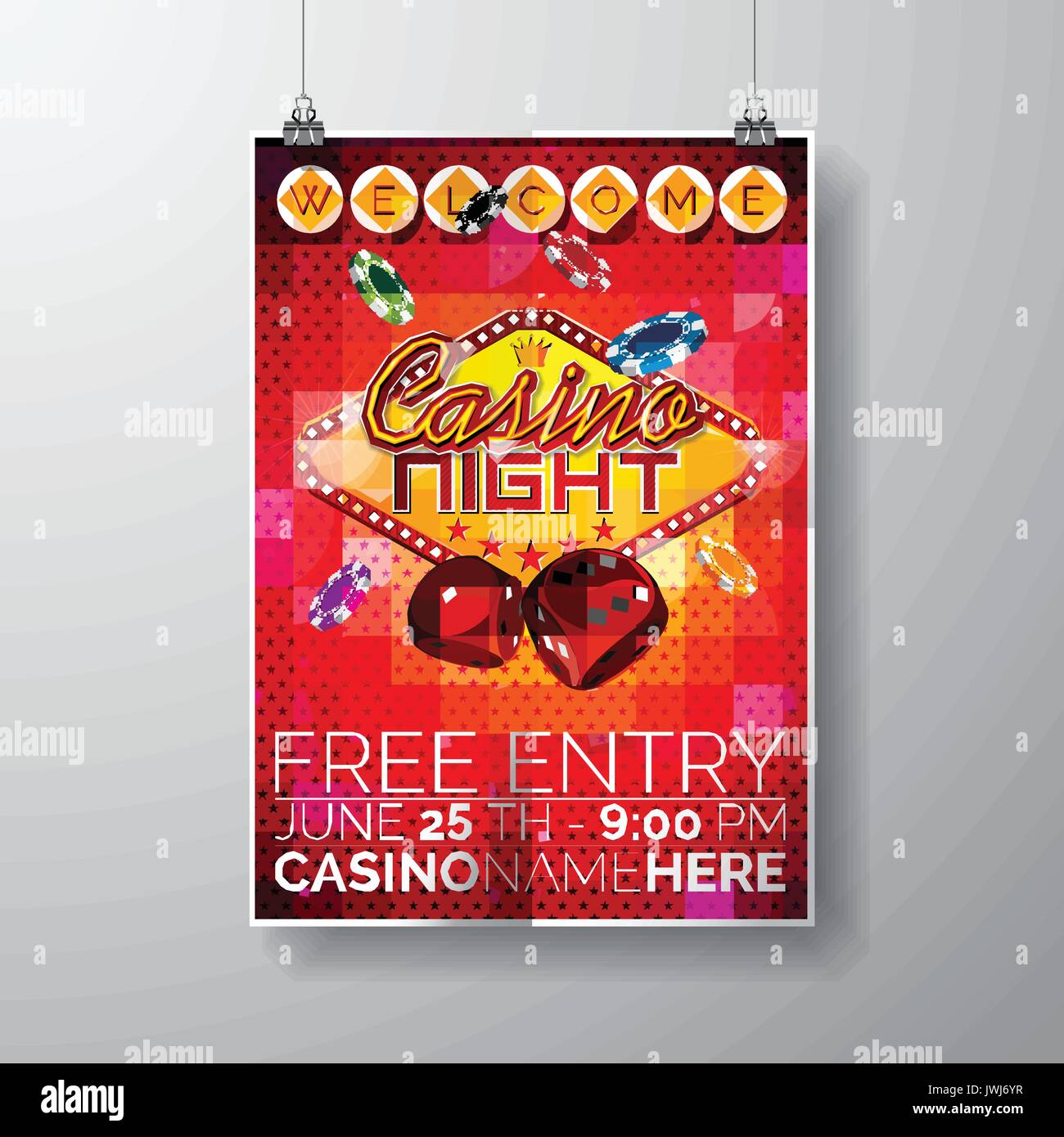 Vector Party Flyer design on a Casino theme with chips and dices on red ...