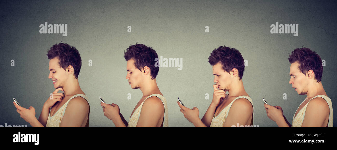 Young man expressing different emotions using his mobile phone isolated ...