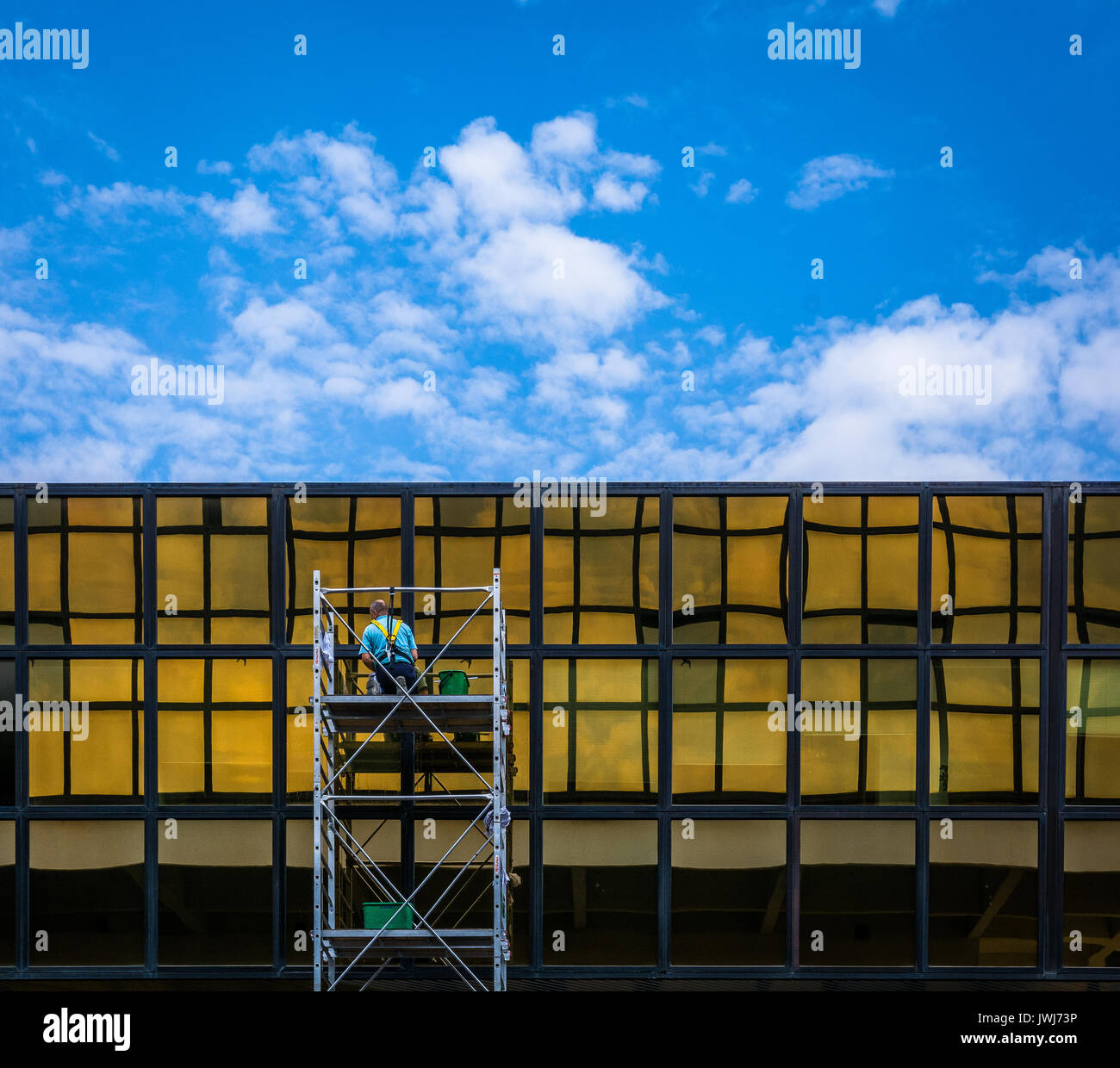 Windows cleaning work, man worker washing glasses windows at height in ...