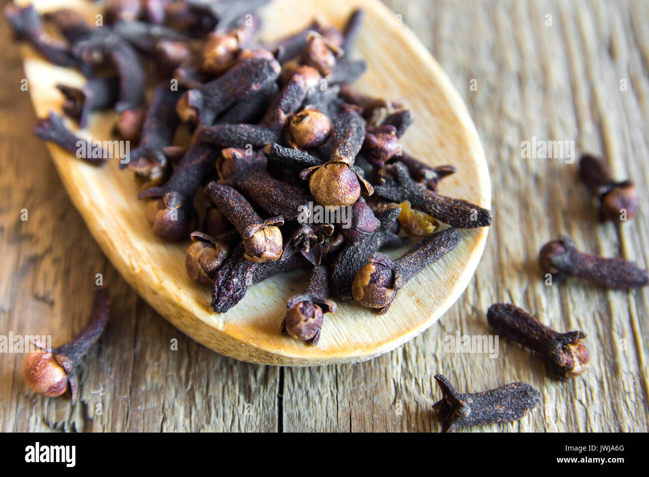 Organic cloves (spices) on wooden spoon and rustic background close up ...