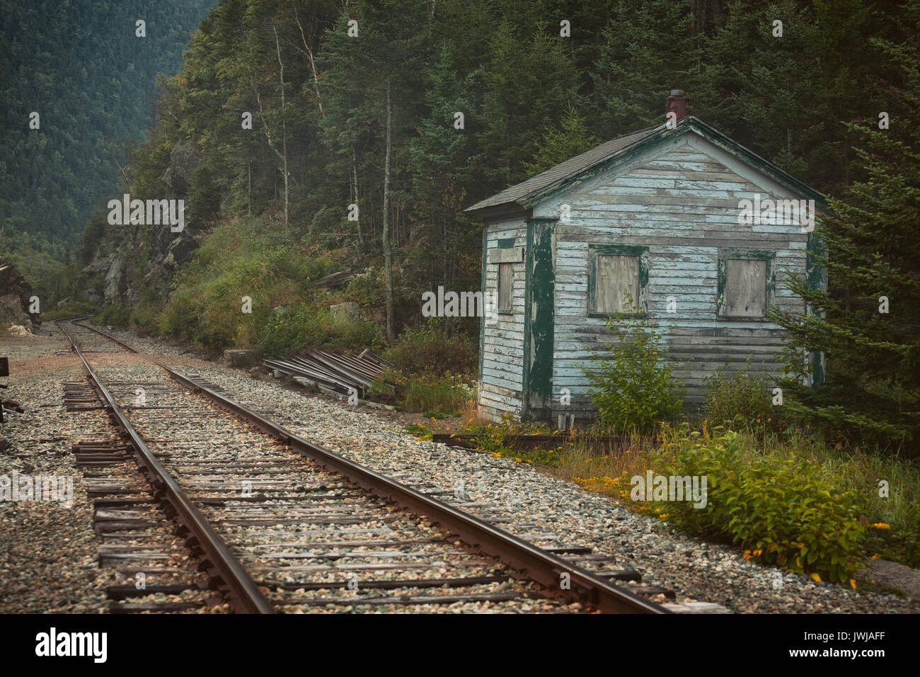 The fog shrouded rails of the Conway Scenic Railroad's Notch Train at ...
