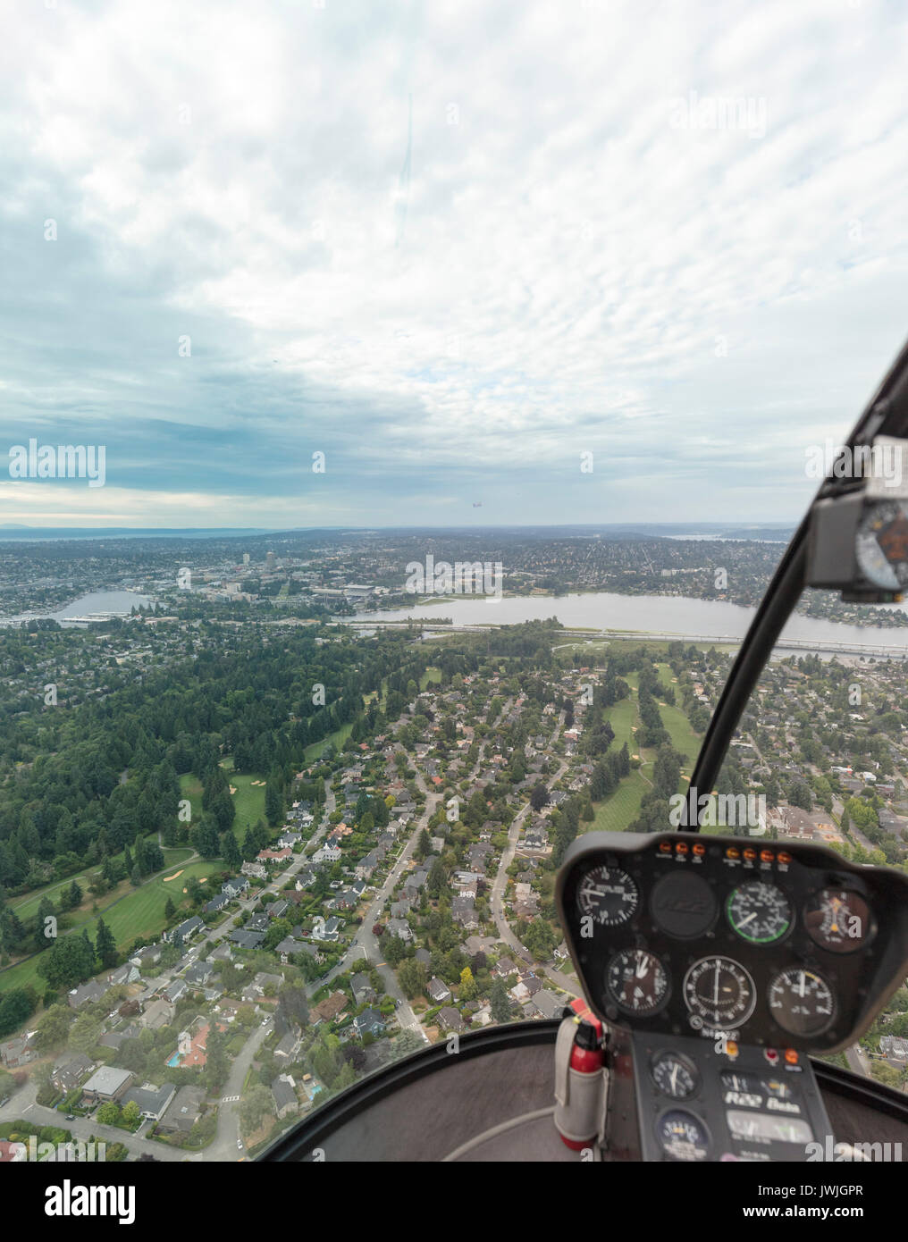 view from helicopter towards Montlake and University District, Seattle ...