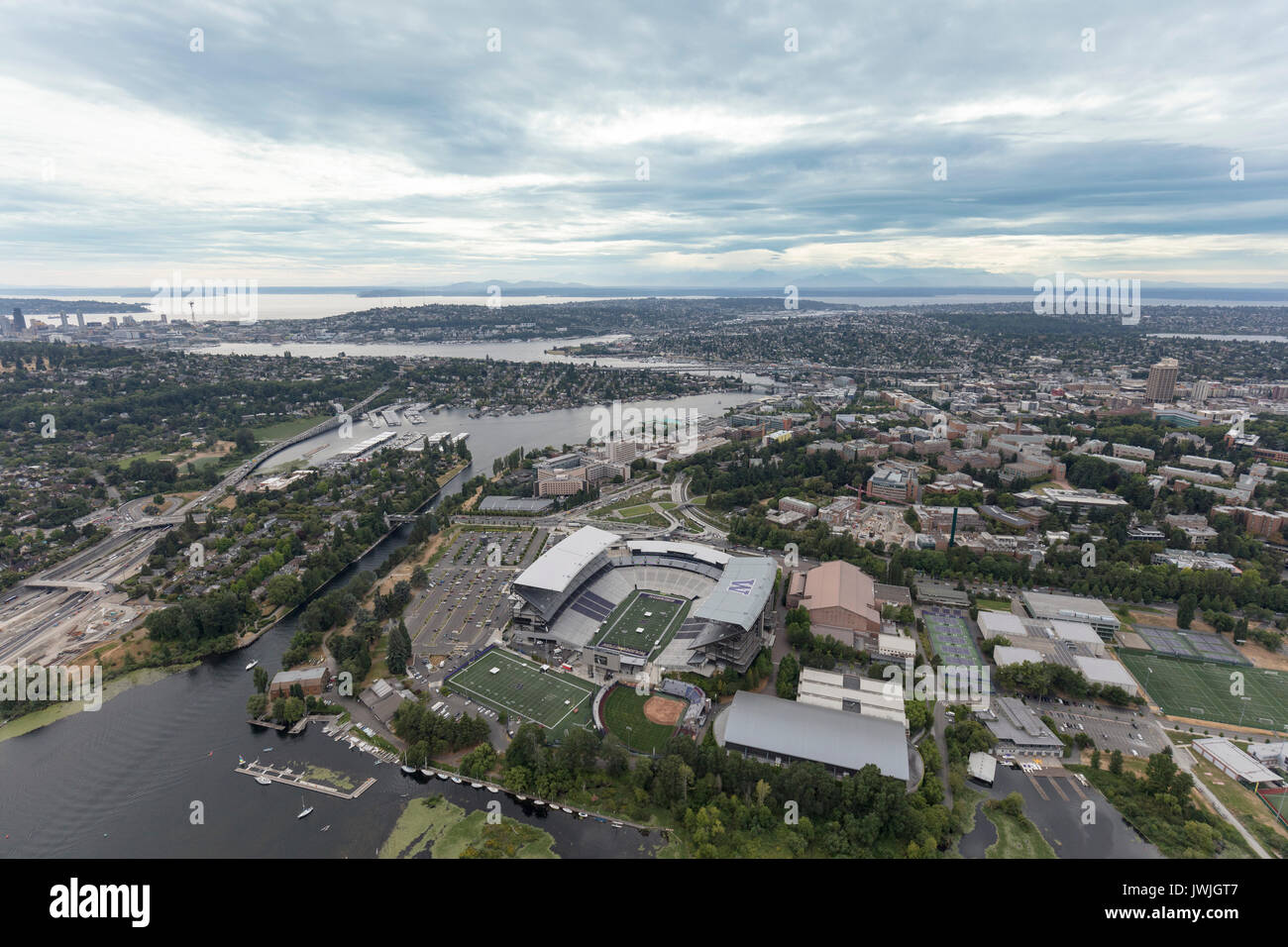 aerial view of Husky Stadium with University of Washington in the ...
