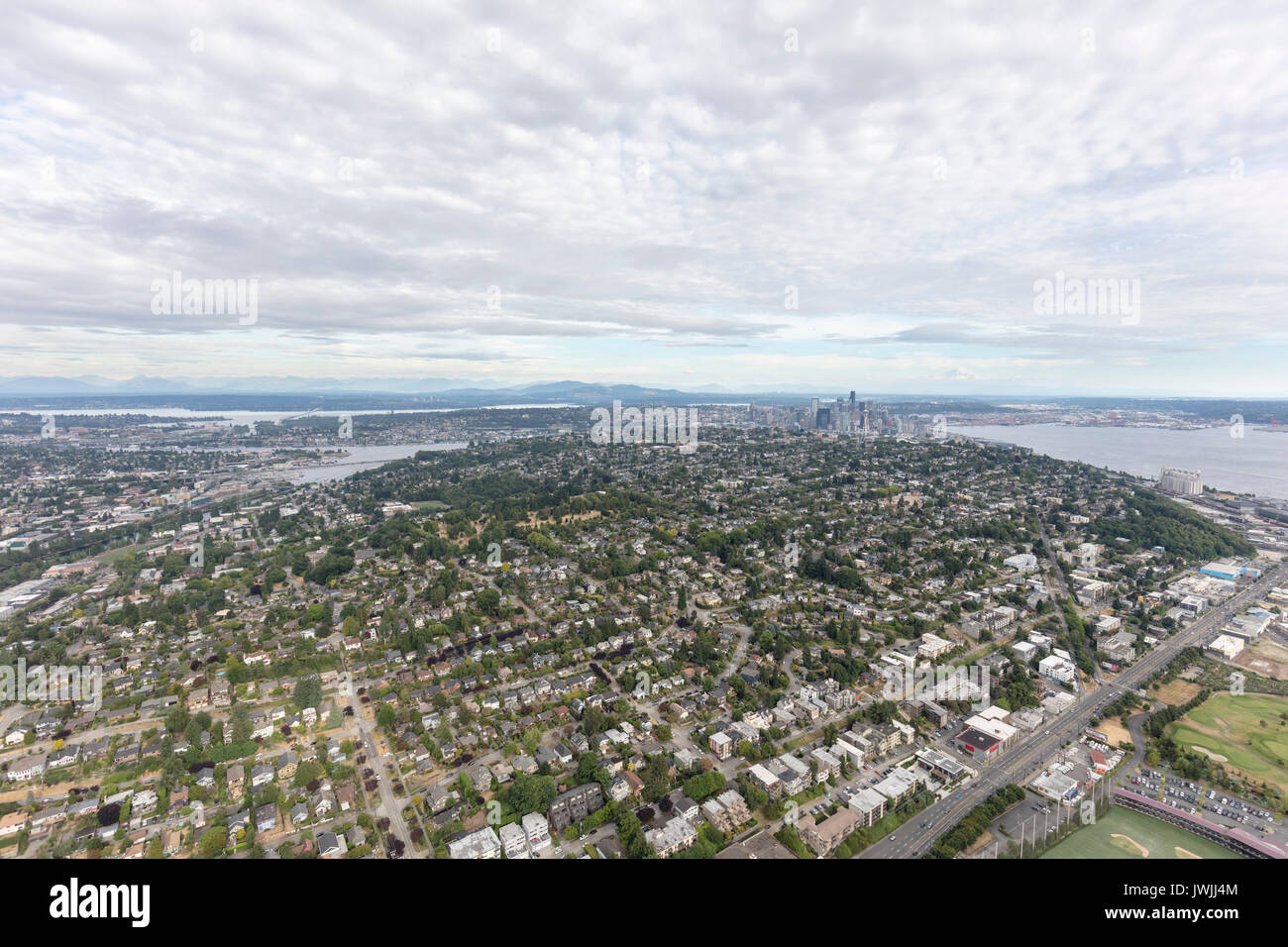 aerial view of Queen Anne neighborhood and downtown Seattle, Washington ...