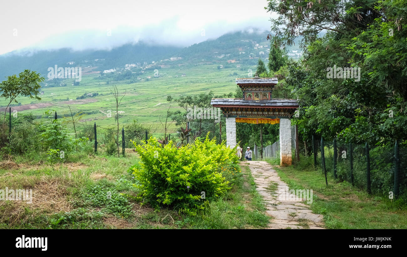 Brick gate of a Tibetan monastery at countryside in Thimphu, Bhutan ...