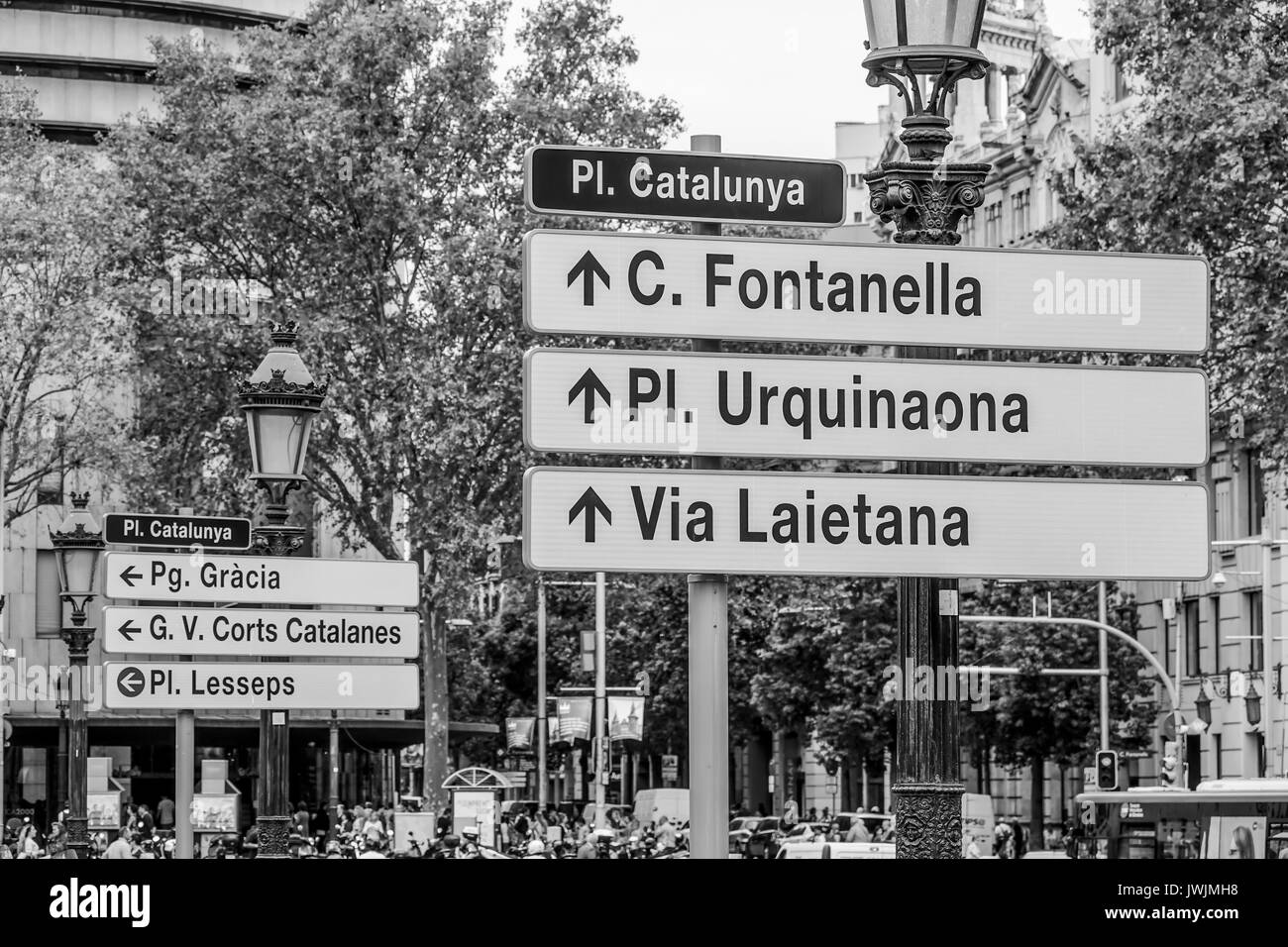 Street signs at Placa de Catalunya in Barcelona - BARCELONA / SPAIN ...