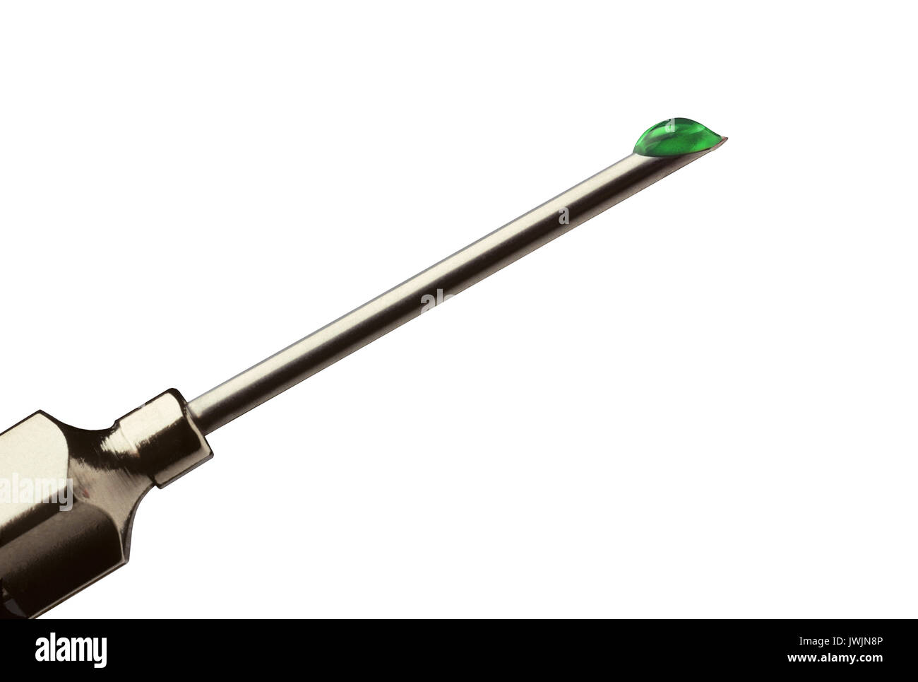 Closeup of a drop of green liquid at the tip of a hypodermic needle ...