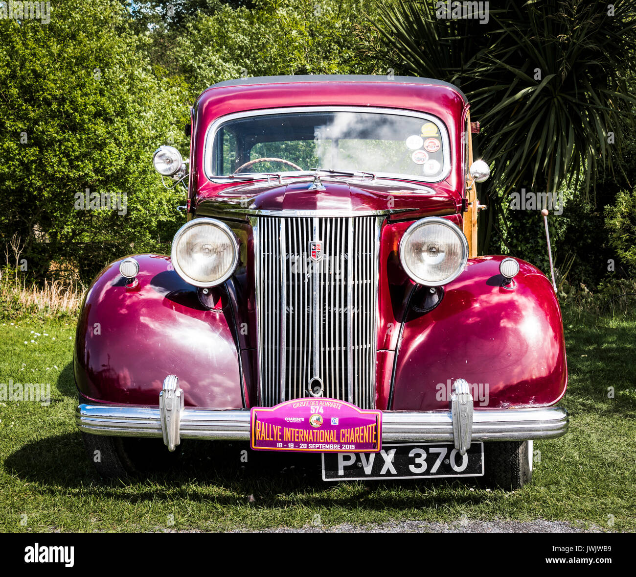 Circa 1950 Ford Pilot V8 "Woody" (head-on view) on display in a garden ...