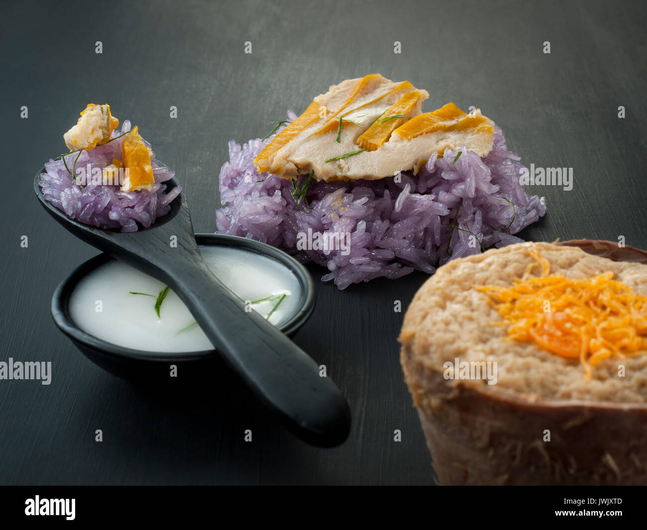 Blue pea sticky rice Thai custard with coconut milk thai dessert asian ...