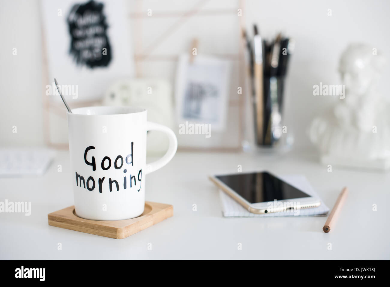 Stylish white desktop, home office interior details with coffee Stock ...
