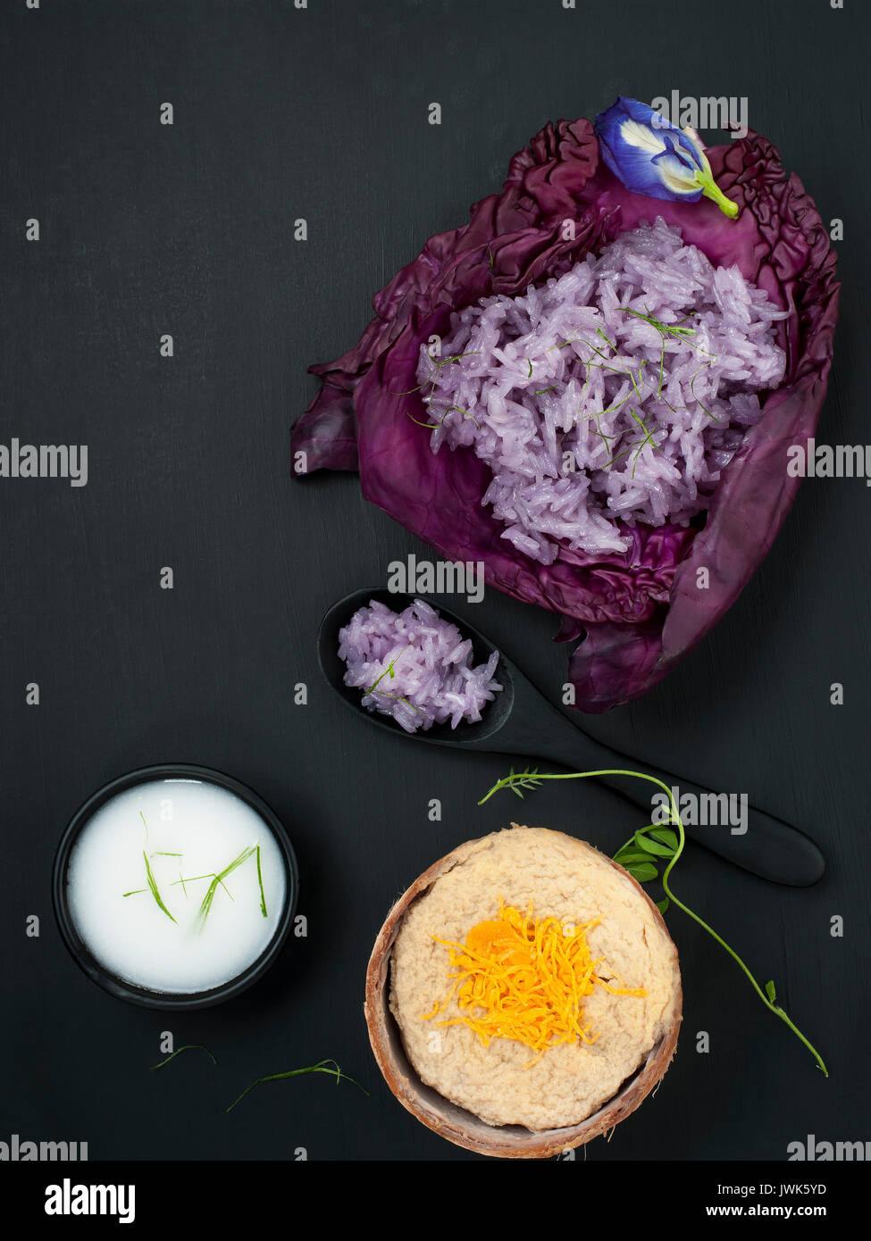 Blue pea sticky rice Thai custard with coconut milk thai dessert asian ...