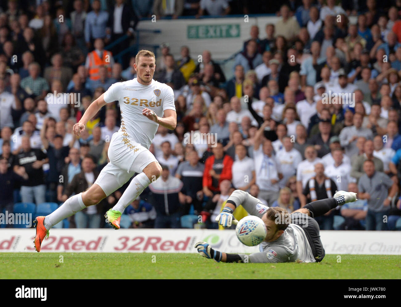 Leeds United's Chris Wood sees his shot saved by Preston North End's ...