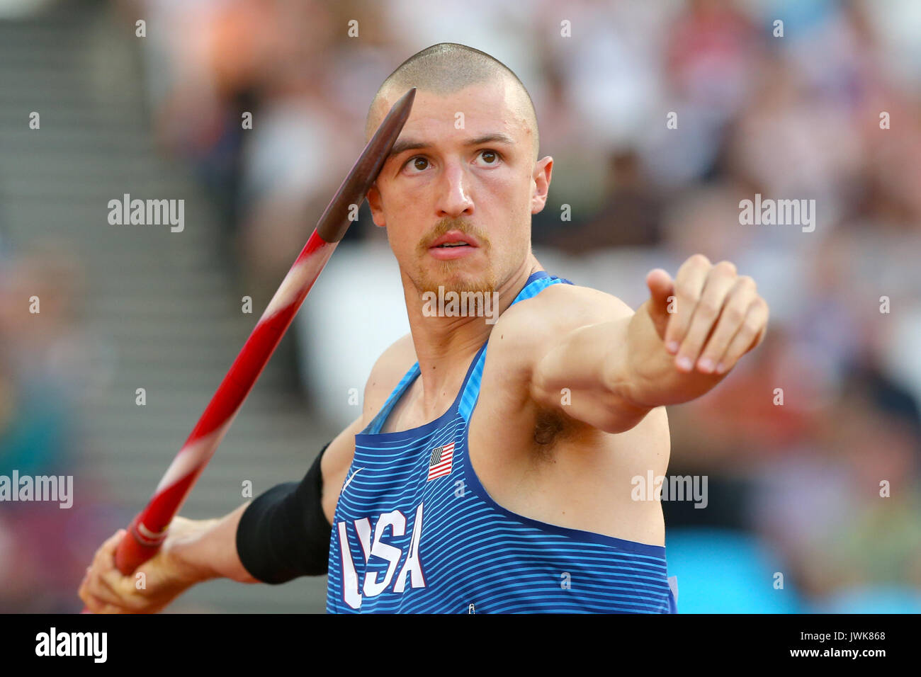 USA's Zach Ziemek competes in the Javelin during the Mens Decathlon ...