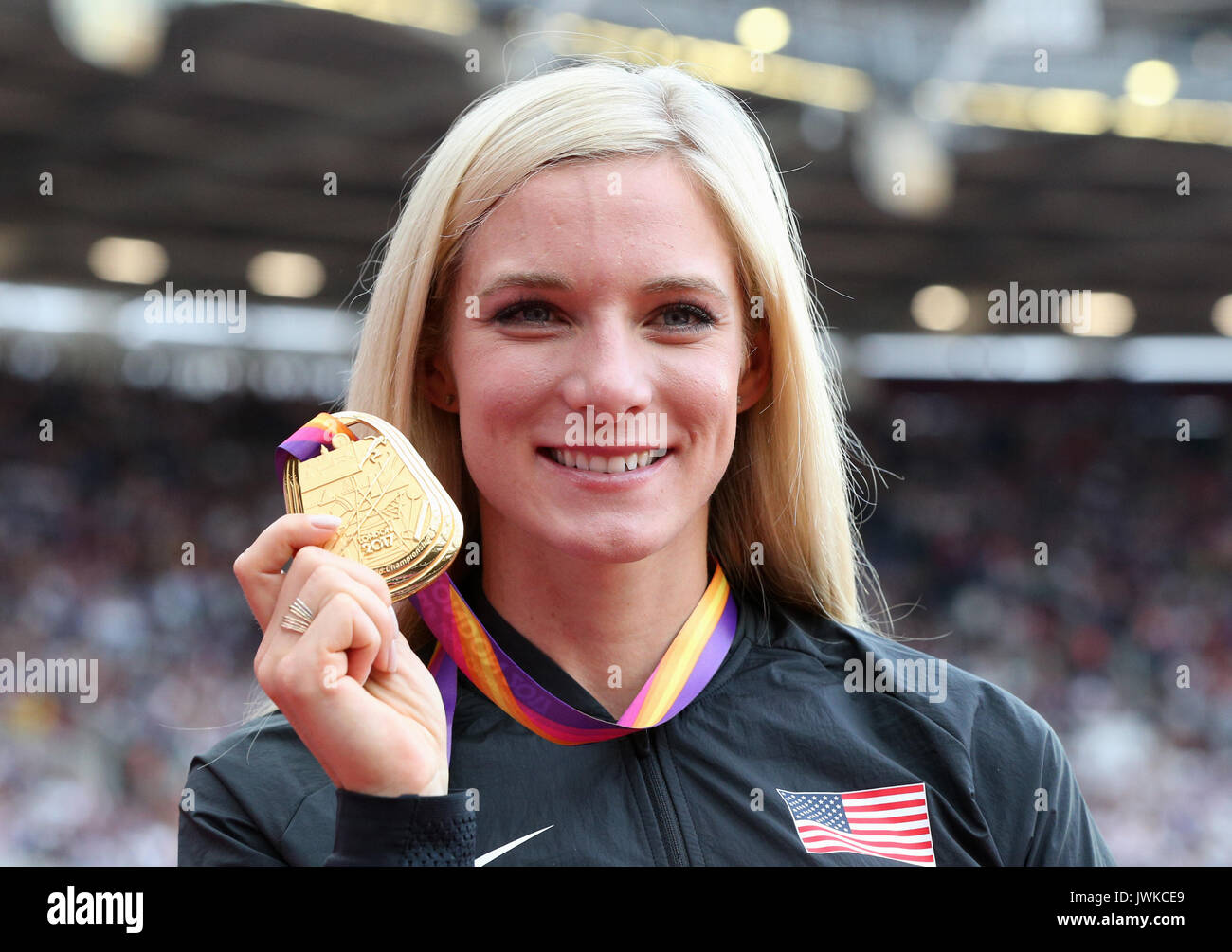 USA's Emma Coburn (gold) on the podium for the Women's 3000m ...