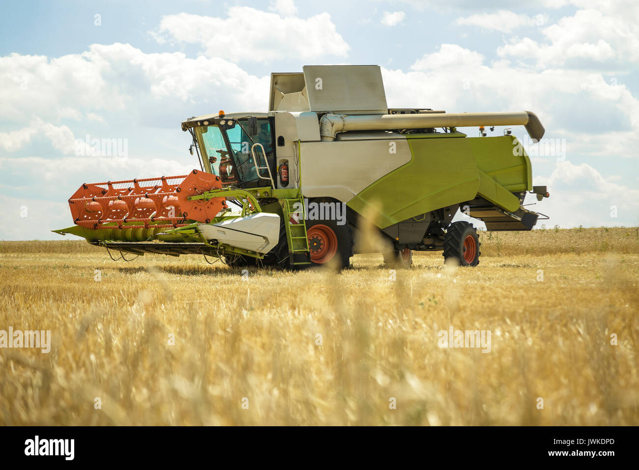 Working combine harvester in a wheat field on a sunny summer day ...