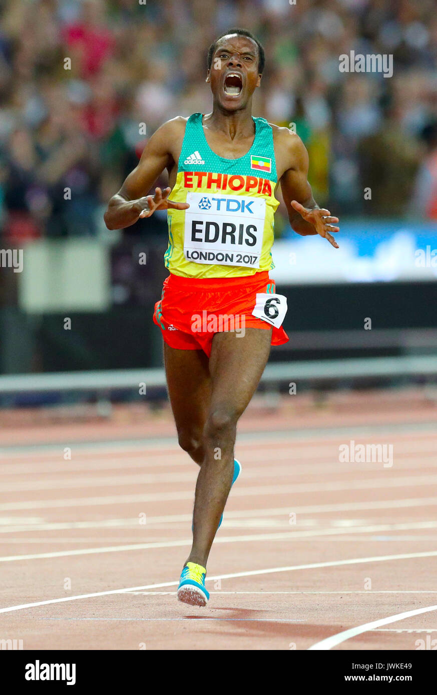 Ethiopia's Muktar Edris crosses the finish line winning gold in the Men ...