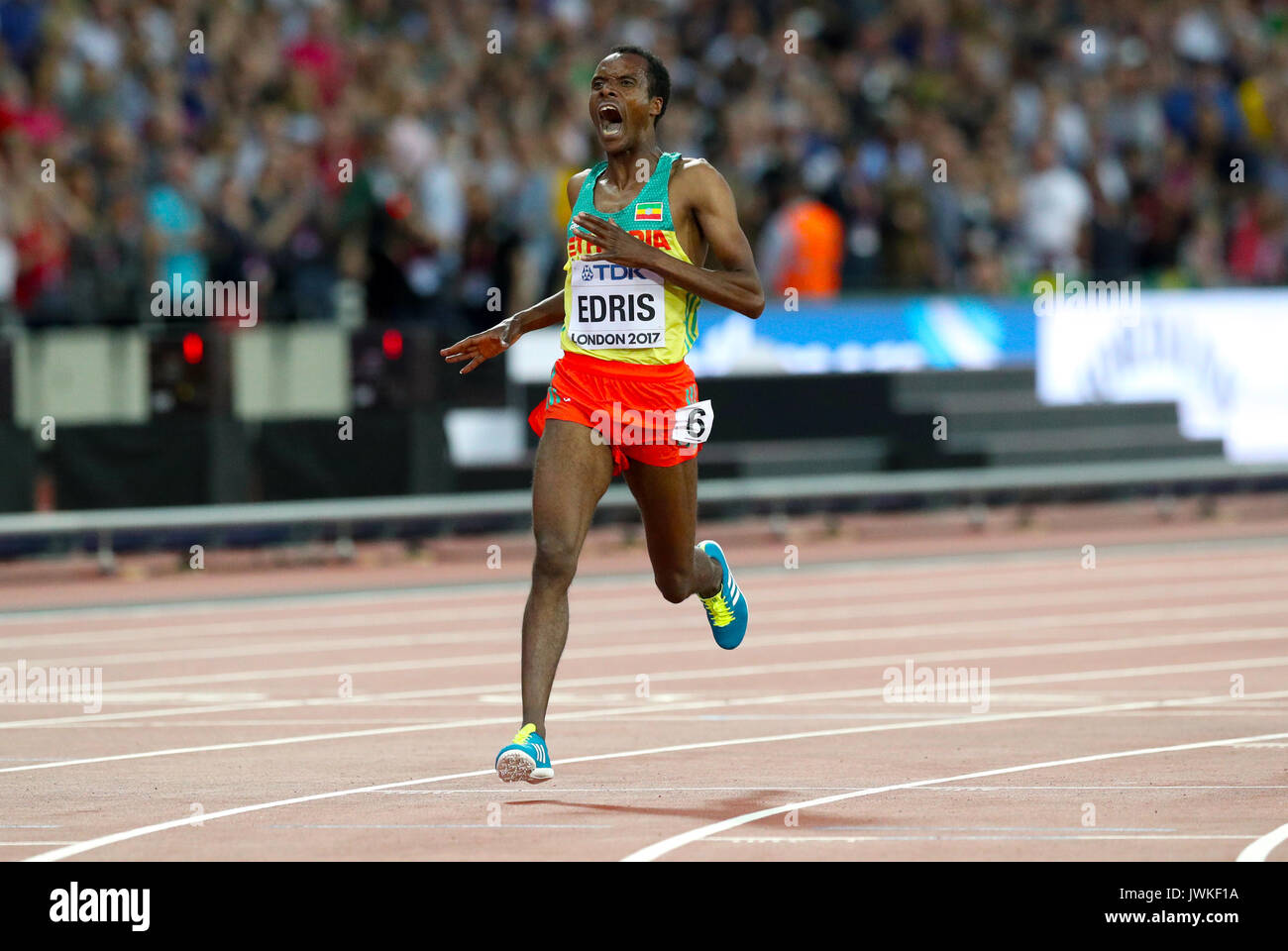 Ethiopia's Muktar Edris crosses the finish line winning gold in the Men ...