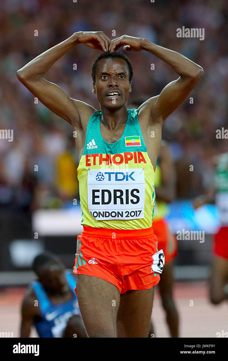 Ethiopia's Muktar Edris does the mobot as he crosses the finish line ...