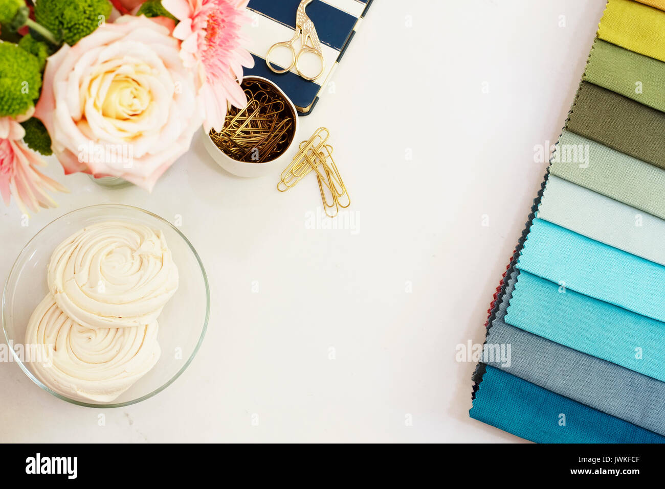 Fabric samples on the table. The designer workplace concept. Freelance ...