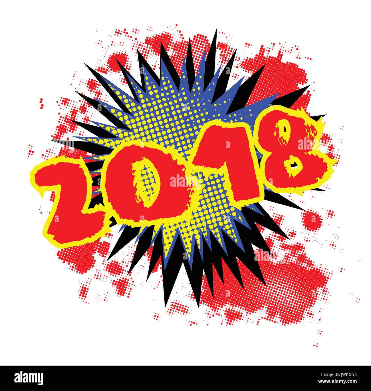A comic cartoon style 2018 new years exclamation explosion over a white ...