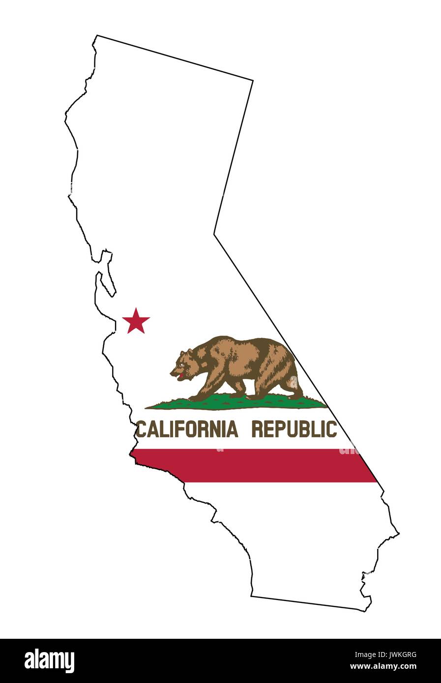 State map outline of California over a white background with flag inset ...