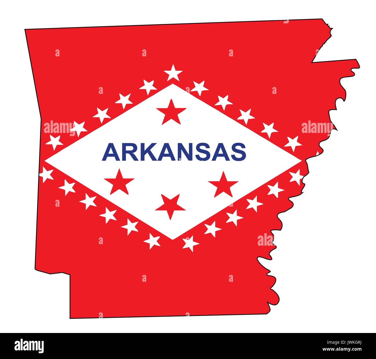 State map outline of Arkansas over a white background with flag inset ...